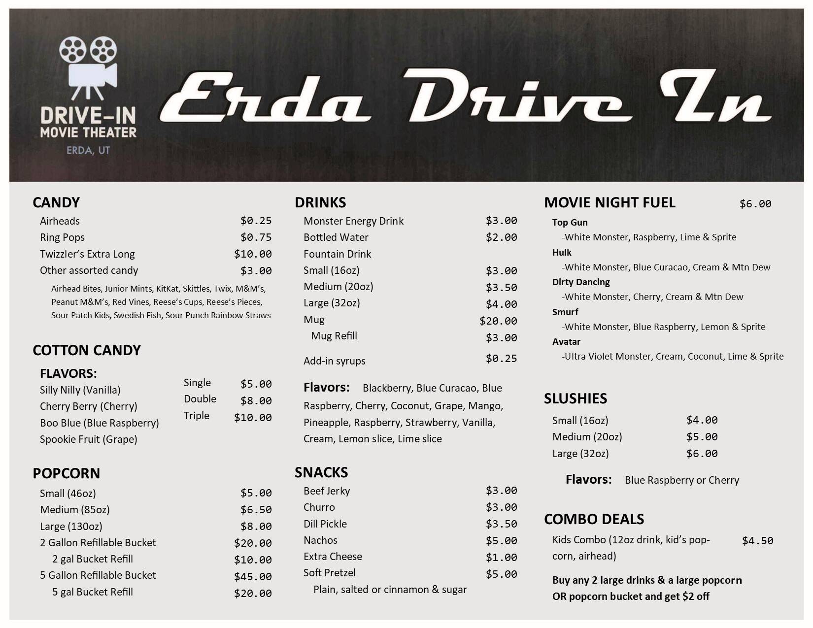 Concessions menu for the Erda Drive-In